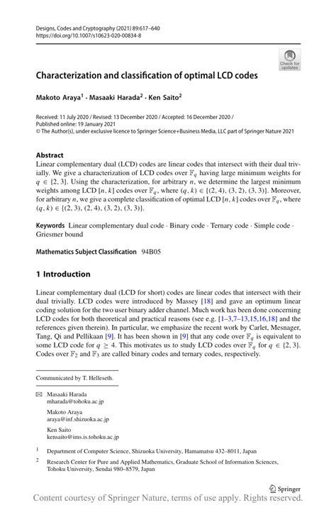 Characterization And Classification Of Optimal Lcd Codes Request Pdf