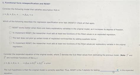 Solved 1 Functional Form Misspecification And Reset
