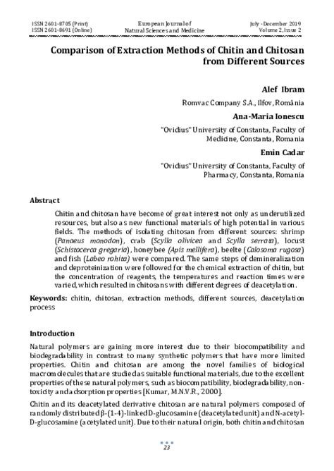 Pdf Comparison Of Extraction Methods Of Chitin And Chitosan From Different Sources
