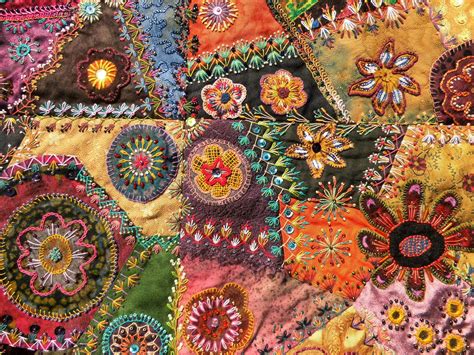 Crazy Quilt Embroidery Circles Flowers Beads Beading Detail Crazy