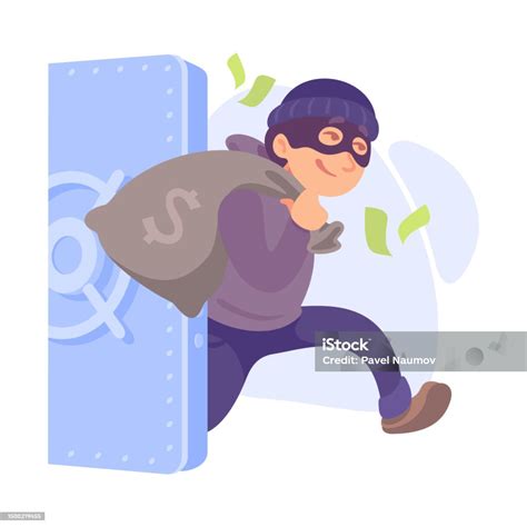 Man Criminal In Mask Escaping With Money Sack From Safe Committing