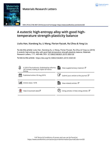 Pdf A Eutectic High Entropy Alloy With Good High Temperature Strength Plasticity Balance