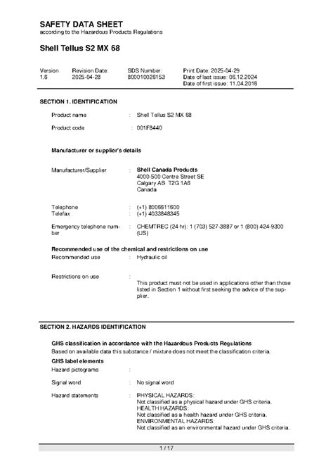 Safety Data Sheet Sds For Shell Tellus S2 Mx 68 Version 16 Studocu