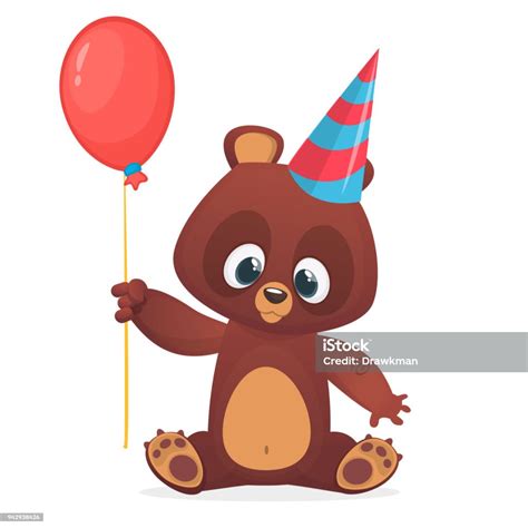 벡터 그림의 휴가 축 하 하는 빨간 풍선 들고 귀여운 만화 곰 만화 스타일 엽서 갈색에 대한 스톡 벡터 아트 및 기타 이미지 갈색 곰 곰 새끼 Istock