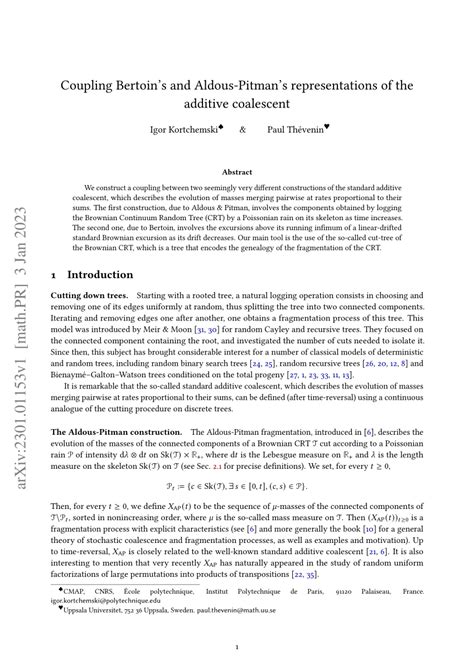 Pdf Coupling Bertoins And Aldous Pitmans Representations Of The Additive Coalescent