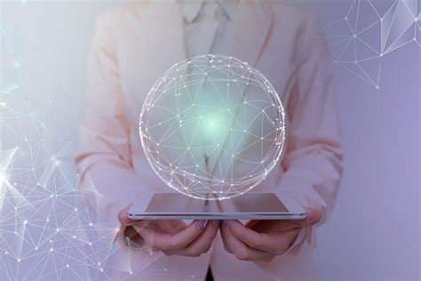 Premium Photo Woman In Suit Holding Tablet With Circular Holographic Technology Display Lady