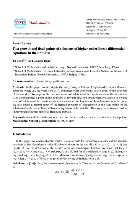 Pdf Fast Growth And Fixed Points Of Solutions Of Higher Order Linear Differential Equations In