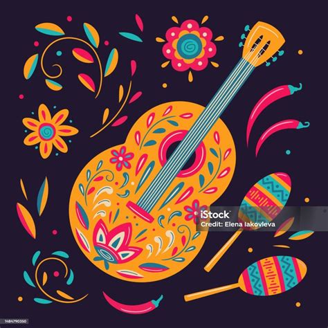 전통적인 멕시코 상징 세트 기타 마라카스 칠리 페퍼 양식화 된 꽃 화려한 민속 그래픽 배너 포스터 초대장 인사말 카드 민속 음악에 대한 스톡 벡터 아트 및 기타 이미지