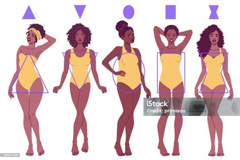 여성 체형 유형 배 반전 삼각형 사과 직사각형 모래 시계 흑인 흑인 여성 전체 길이 의 초상화 배에 대한 스톡 벡터 아트 및