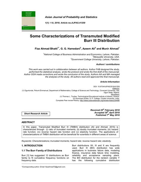 Pdf Some Characterization Of Transmuted Modified Burr Iii Distribution