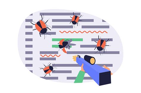 웹 사이트 디자인을위한 평면 만화 사람들과 함께 웹 개념을 테스트하는 소프트웨어 슛 건을 가진 개발자는 프로그램 버그를 찾고 프로그램에서 문제를 찾고 화면에서 코드를 디버깅