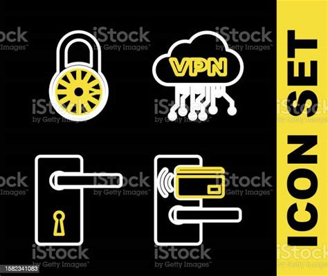 라인 클라우드 Vpn 인터페이스 무선 디지털 도어록 도어 핸들 및 안전 조합 휠 아이콘을 설정합니다 벡터 0명에 대한 스톡 벡터 아트 및 기타 이미지 Istock