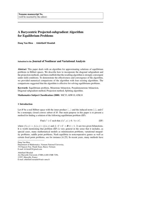 Pdf A Barycentric Projected Subgradient Algorithm For Equilibrium Problems