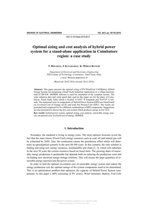 Pdf Optimal Sizing And Cost Analysis Of Hybrid Power System For A