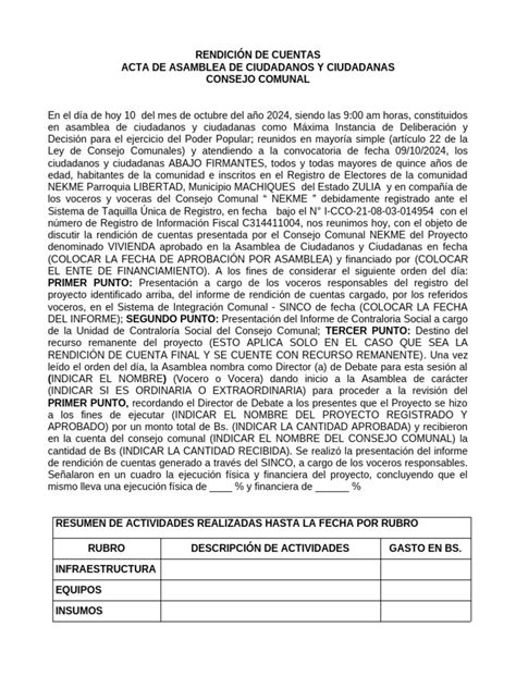 Modelo Acta Asamblea Rendicion Consejo Comunal Pdf Responsabilidad
