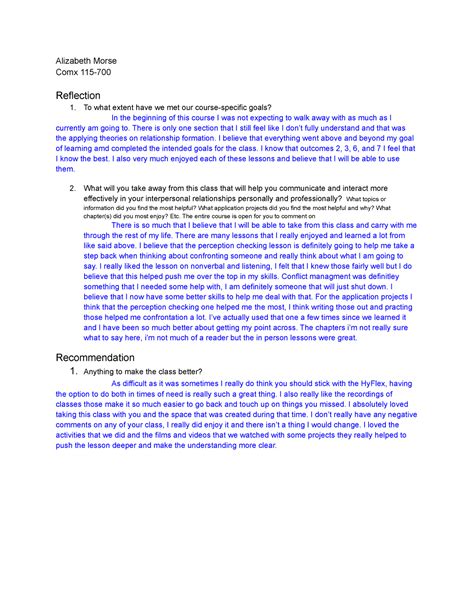 Interpersonal Communication Reflection Alizabeth Morse Comx 115