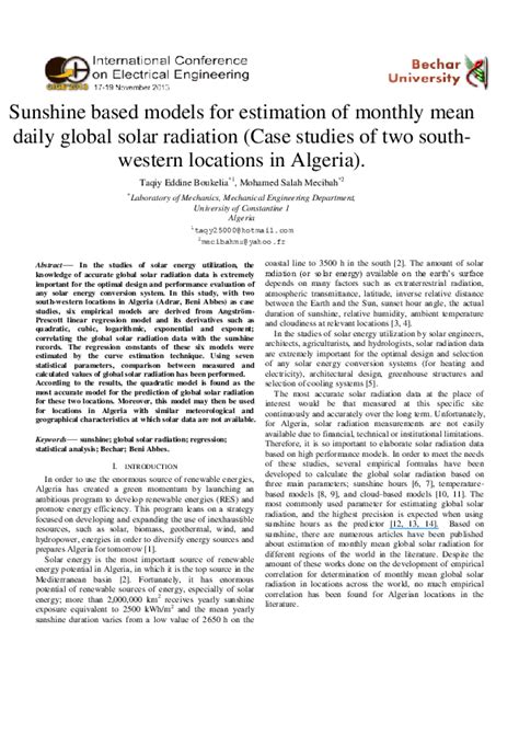 Pdf Sunshine Based Models For Estimation Of Monthly Mean Daily Global Solar Radiation Case
