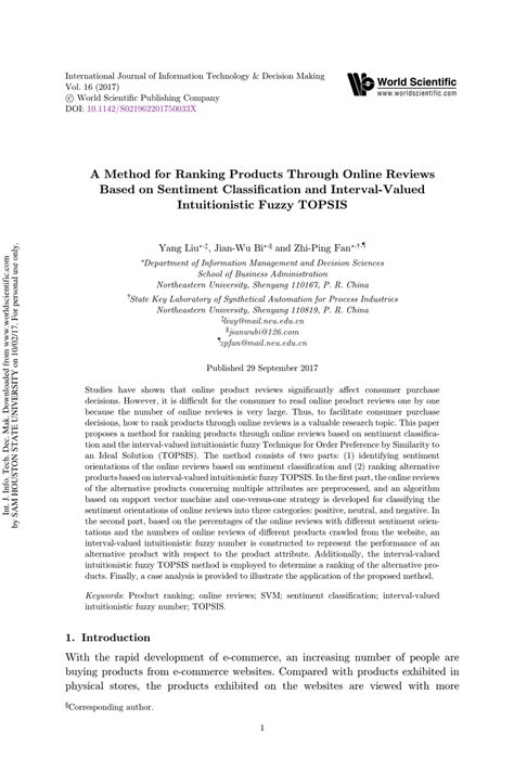 Pdf A Method For Ranking Products Through Online Reviews Based On Sentiment Classification And