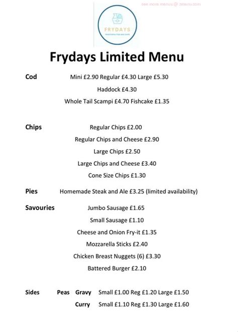 Menu At Frydays Restaurant Llandudno