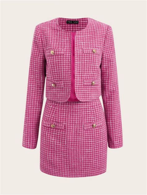 Houndstooth Tweed Jacket And Skirt Set