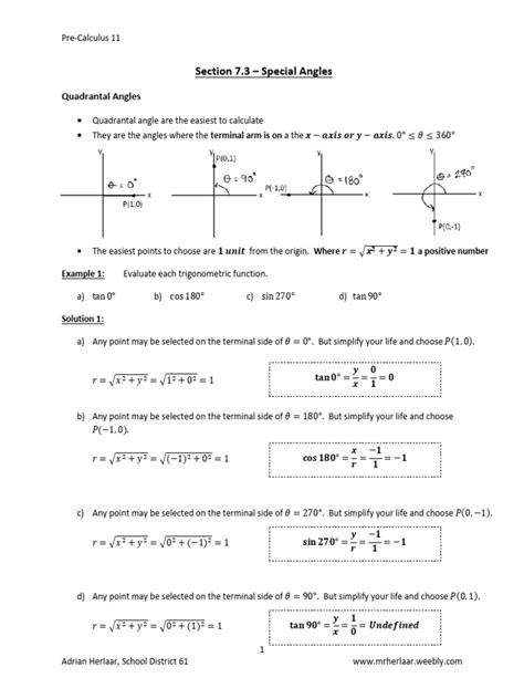 Section 7 3 Special Angles Pdf Trigonometric Functions Triangle