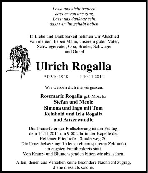 Traueranzeigen Von Ulrich Rogalla Trauer In Nrwde