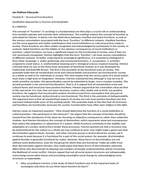 Module 8 Structural Functionalism Pdf Cognition Behavioural Sciences