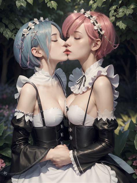 Two Women In Maid Dresses Kissing Each Other In A Garden Seaart Ai