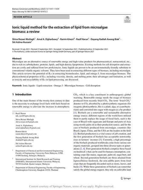 Ionic Liquid Method For The Extraction Of Lipid From Microalgae Biomass A Review Request Pdf