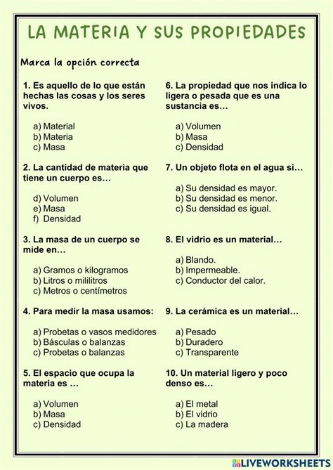 La Materia Y Sus Propiedades Ciencias De La Naturaleza Exercise School