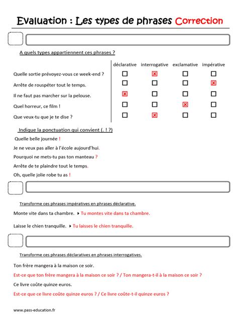 Correction Types De Phrases Ce2 Evaluation Phrase Déclarative Interrogative Impérative Et