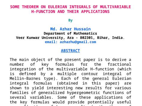 Ppt Some Theorem On Eulerian Integrals Of Multivariable H Function