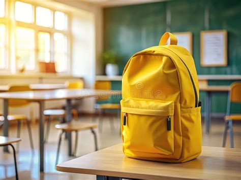 Bright Yellow Backpack On A Modern School Desk A Colorful Classroom Setting For Learning