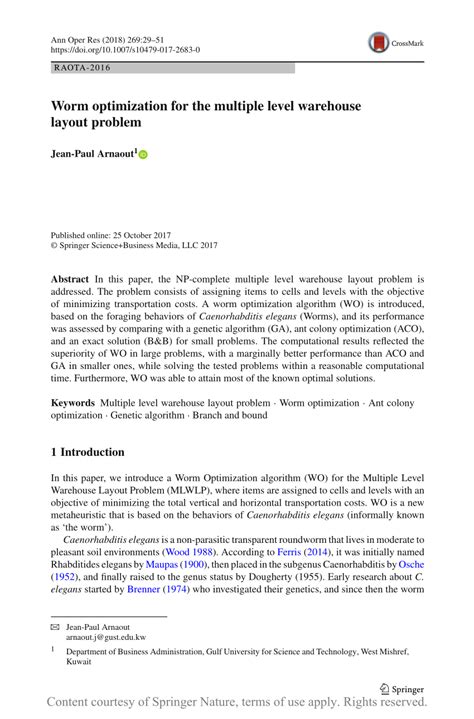 worm optimization for the multiple level warehouse layout problem