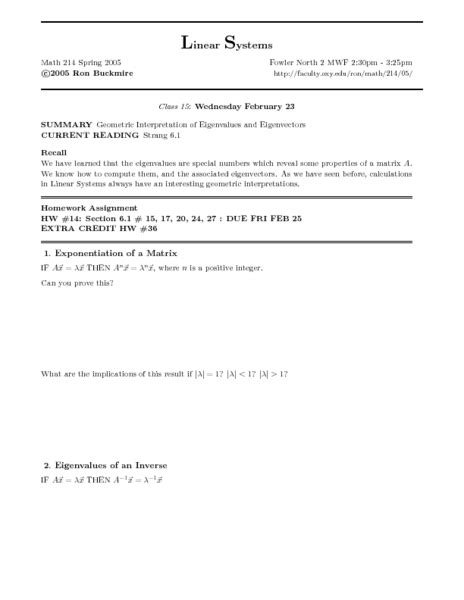 Linear Systems Geometric Interpretation Of Eigenvalues Worksheet For 12th Higher Ed Lesson