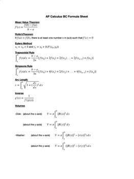Ap Calculus Bc Formula Sheet By Lori Hill Tpt