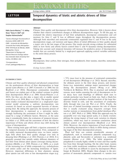 Pdf Temporal Dynamics Of Biotic And Abiotic Drivers Of Litter
