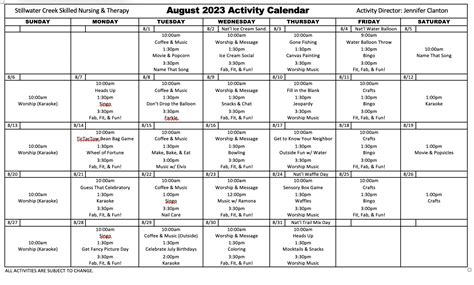 Calendar — Stillwater Creek Skilled Nursing And Therapy