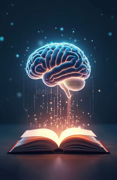 Illustration Of Brain Floating Above Open Book Emitting Glowing Lights Artificial Intelligence