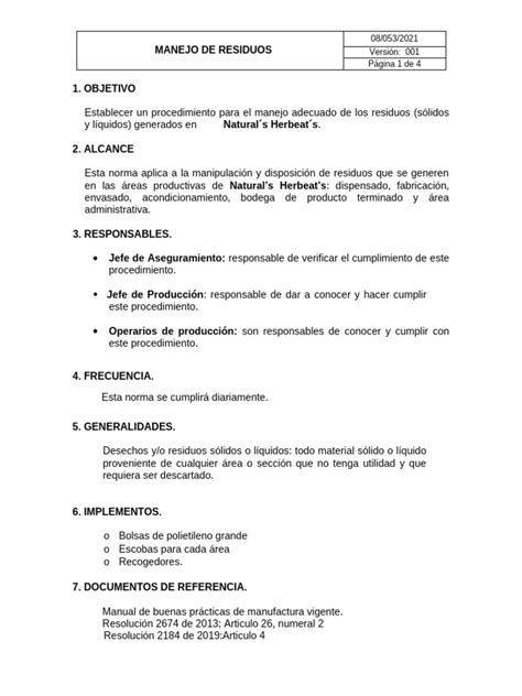 P Ac 021 Manejo De Residuos Pdf Residuos Materiales
