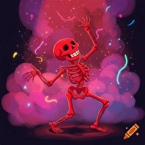 A Vibrant Cartoon Red Skeleton Dances Amidst Colorful Confetti And