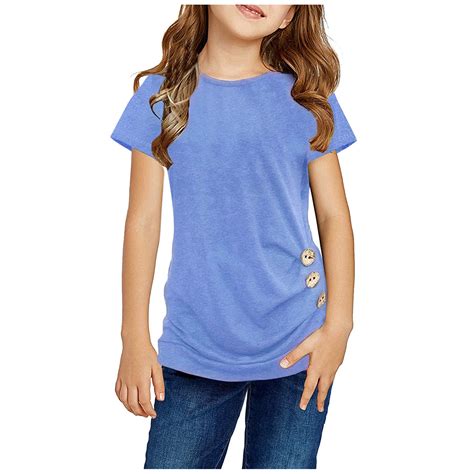Tween Girls Casual T Shirts Short Sleeved Knot Button Tunic Tops Solid