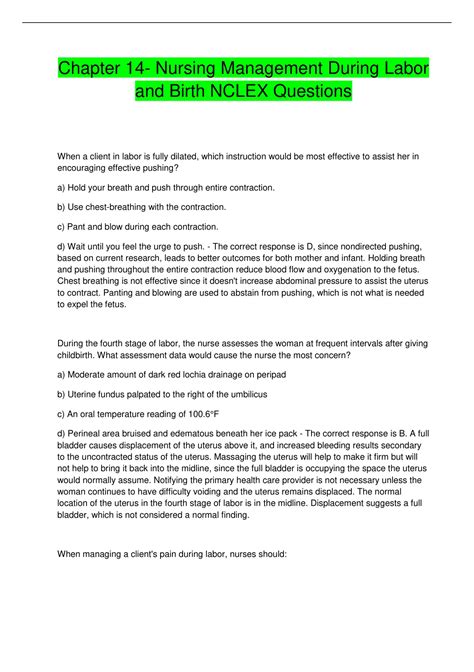 Chapter 14 Nursing Management During Labor And Birth Nclex Questions