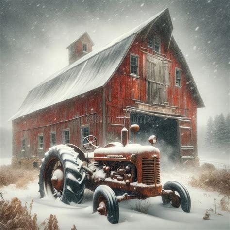 Old Red Wooden Rustic Barn Tractor Farm Machinery Equipment Vintage
