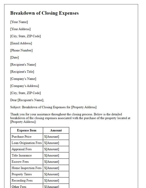 Letter Template For Closing Cost Breakdown Free Samples In Pdf Letterin