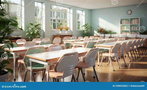 Modern School Classroom Interior With Chairs Tables And Blackboard