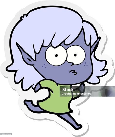 Vetores De Adesivo De Uma Menina Elfo Dos Desenhos Animados Olhando E