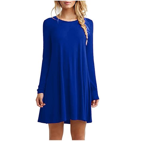 Womens Casual Mini Dress Long Sleeve Round Neck Loose Fit Ruffle Solid