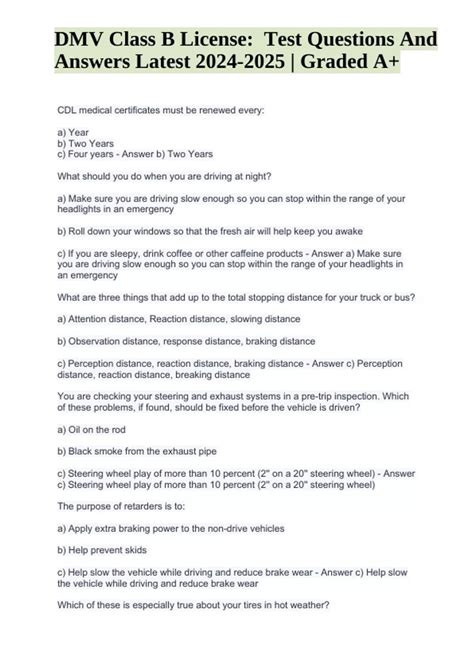 Dmv Class B License Test Questions With Correct Answers Latest Graded