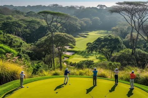Premium Photo Five Golfers Teeing Off At A Golf Course With A Jungle In The Background